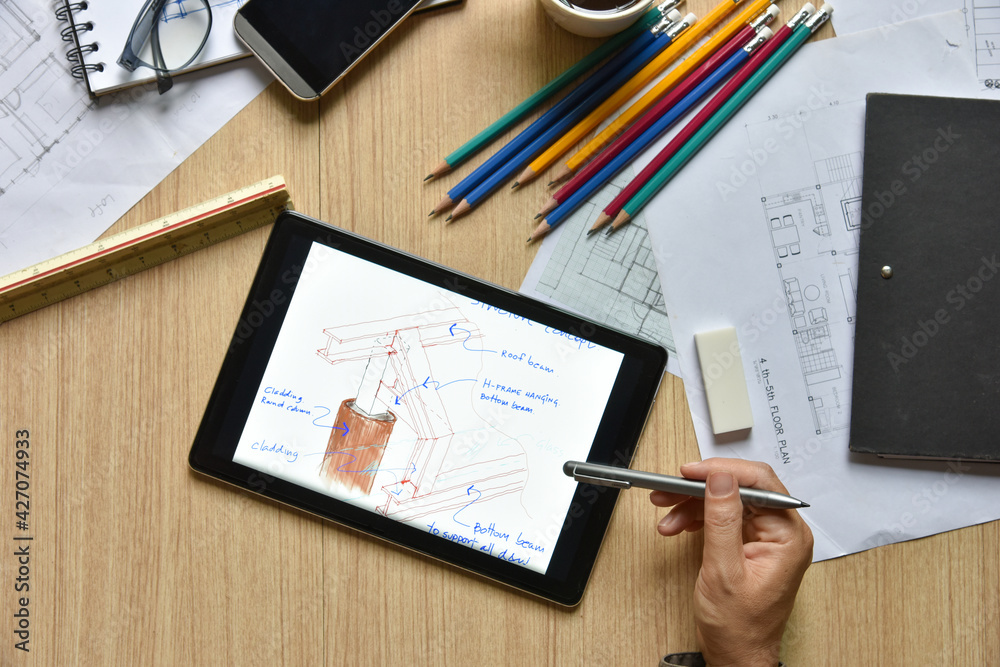 a top view of architect working desk with hand writing and draw on ...