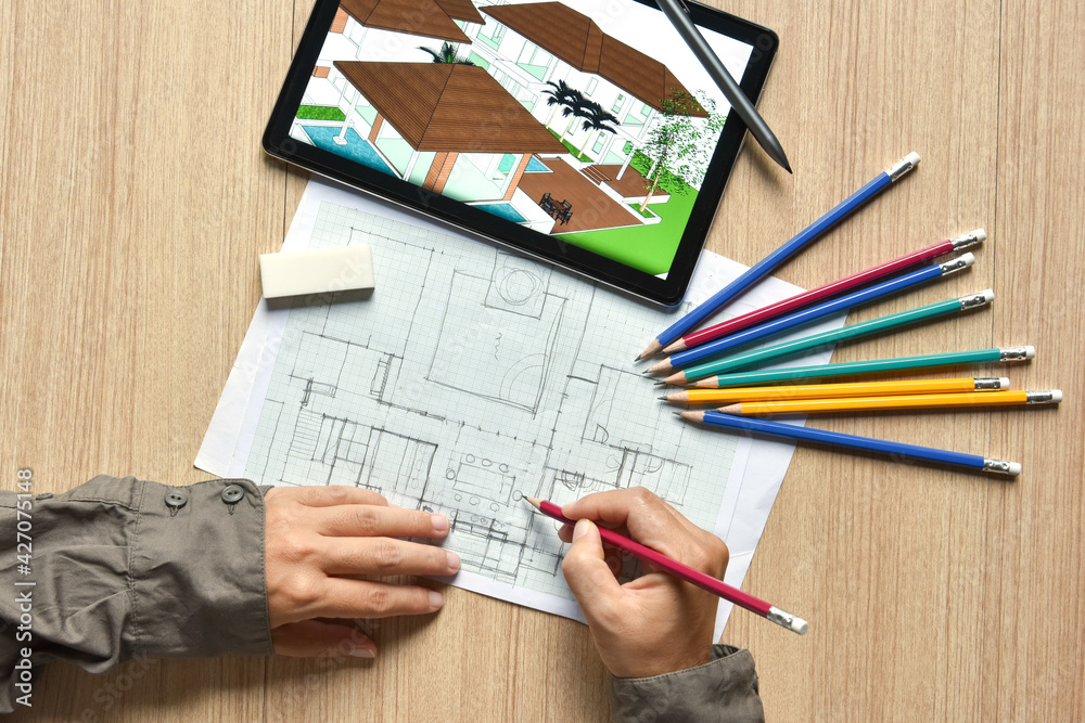 Fotka „a tablet showing architectural drawing design detail building ...