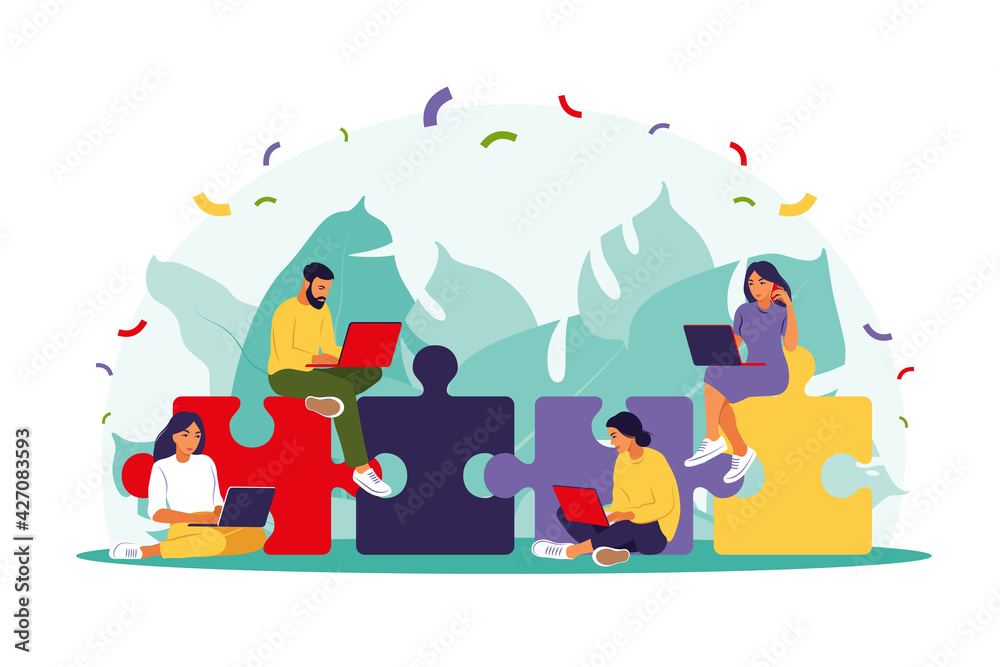 Business team putting together puzzle. Cartoon partners working in ...