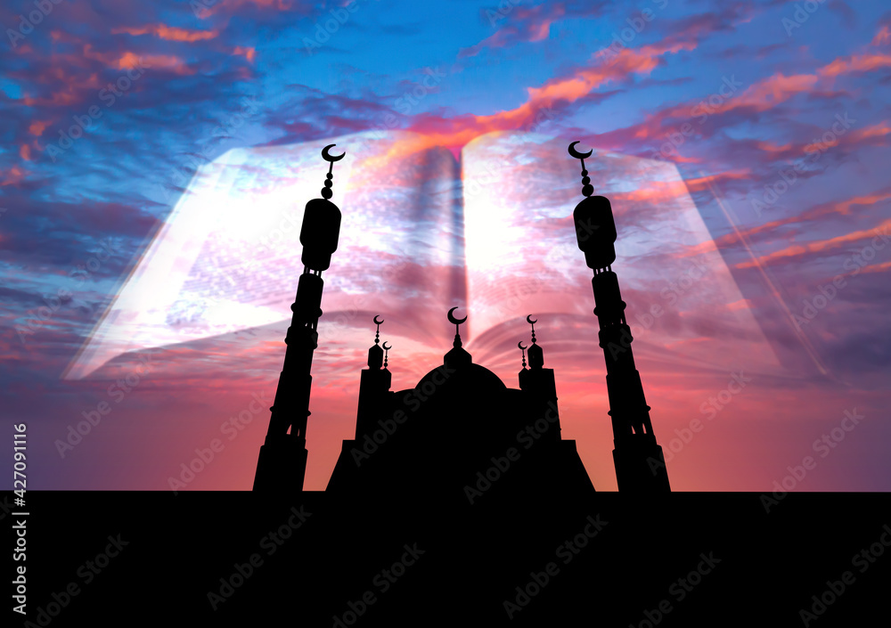 Open Koran next to mosque. Sacred Muslim book. Silhouette of mosque on ...