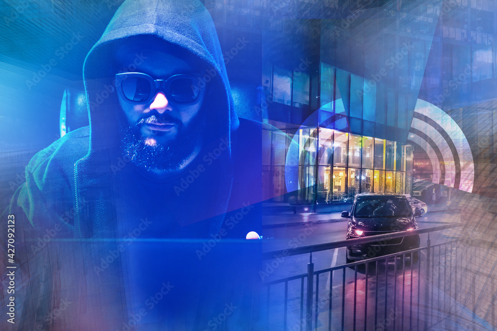 Programmer next to car. Concept - creation of software for a automobile ...