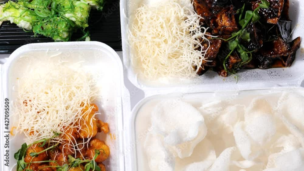 Assorted Asian, Chinese, Thai and Vietnamese food, sushi set, rolls ...