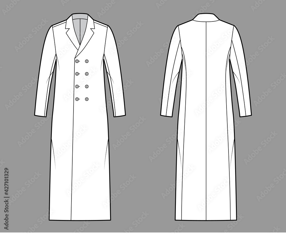 Classic coat technical fashion illustration with midi length, notched ...