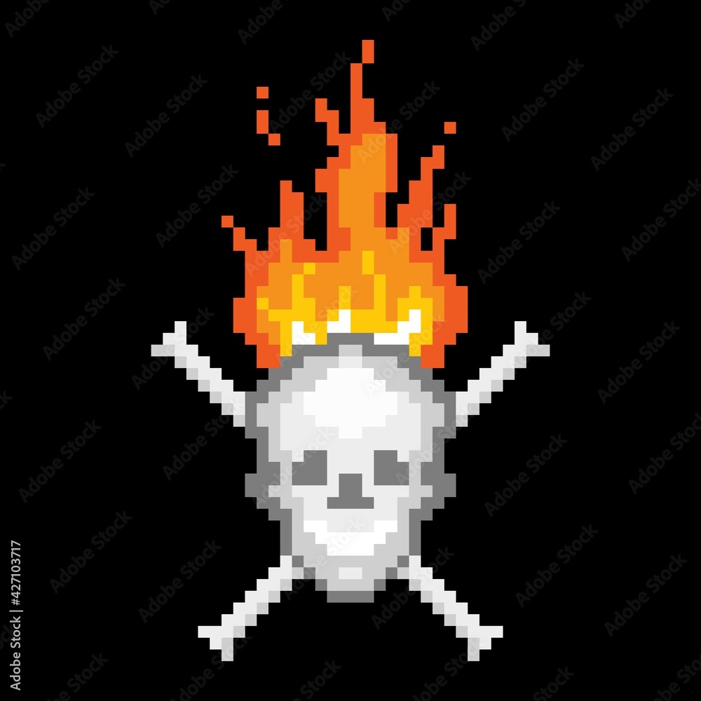 Burning skull with bones pixel icon. Smiling bone head with crossed ...