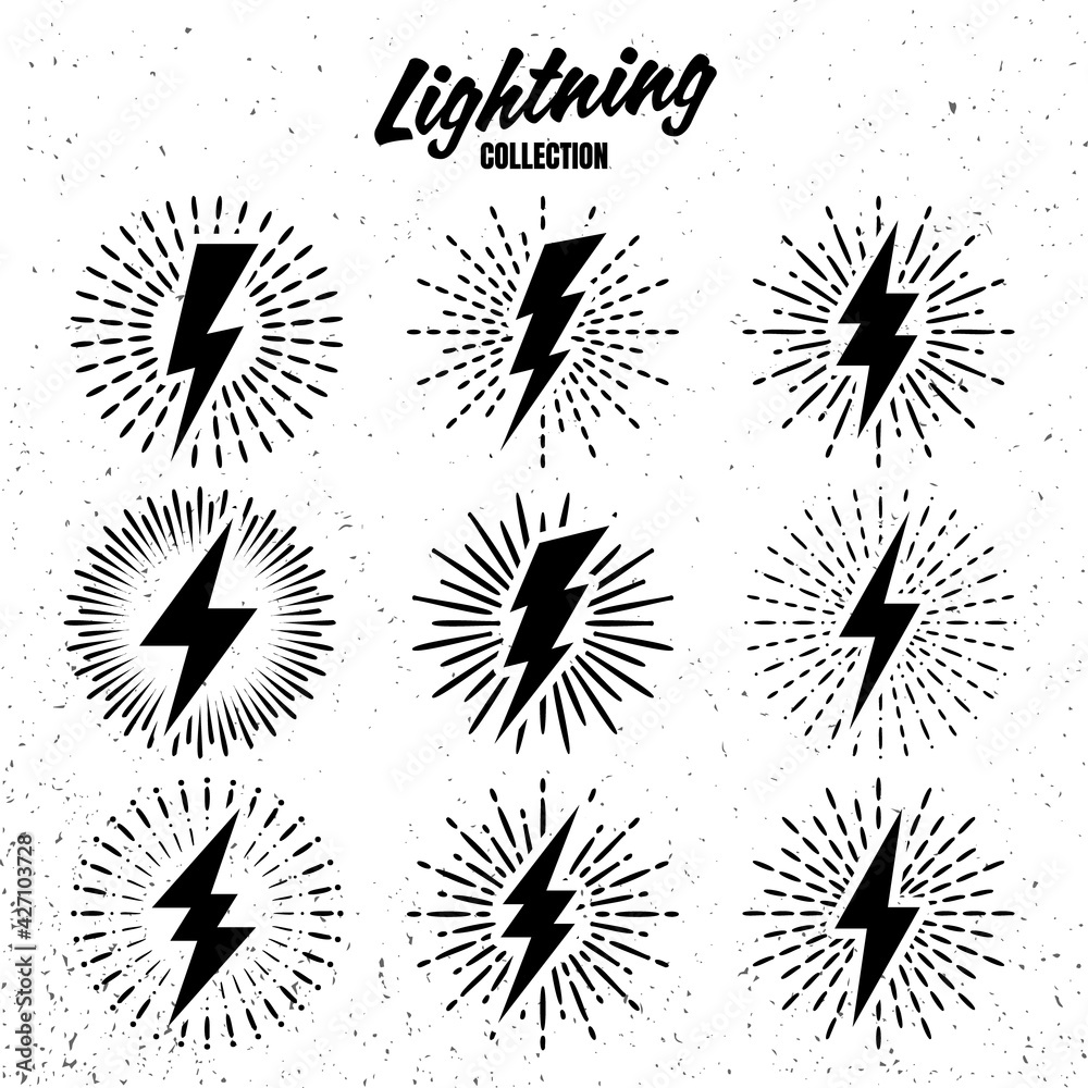 Set of vintage lightning bolts and sunrays on grunge background ...