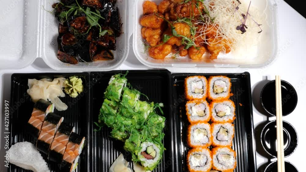 Assorted Asian, Chinese, Thai and Vietnamese food, sushi set, rolls ...