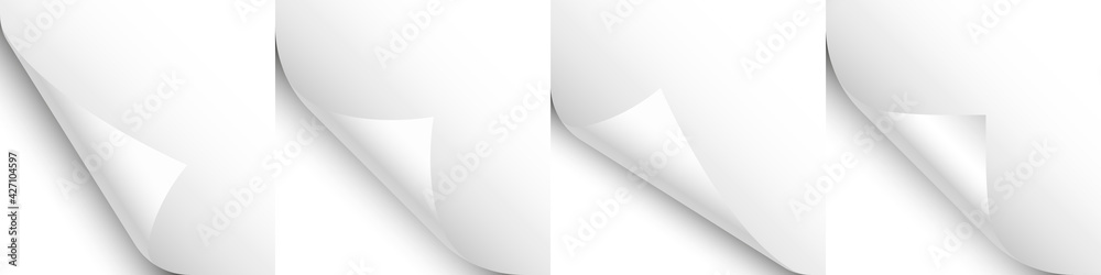 Set of white paper curls. Curled page corner with shadow. Blank sheet ...