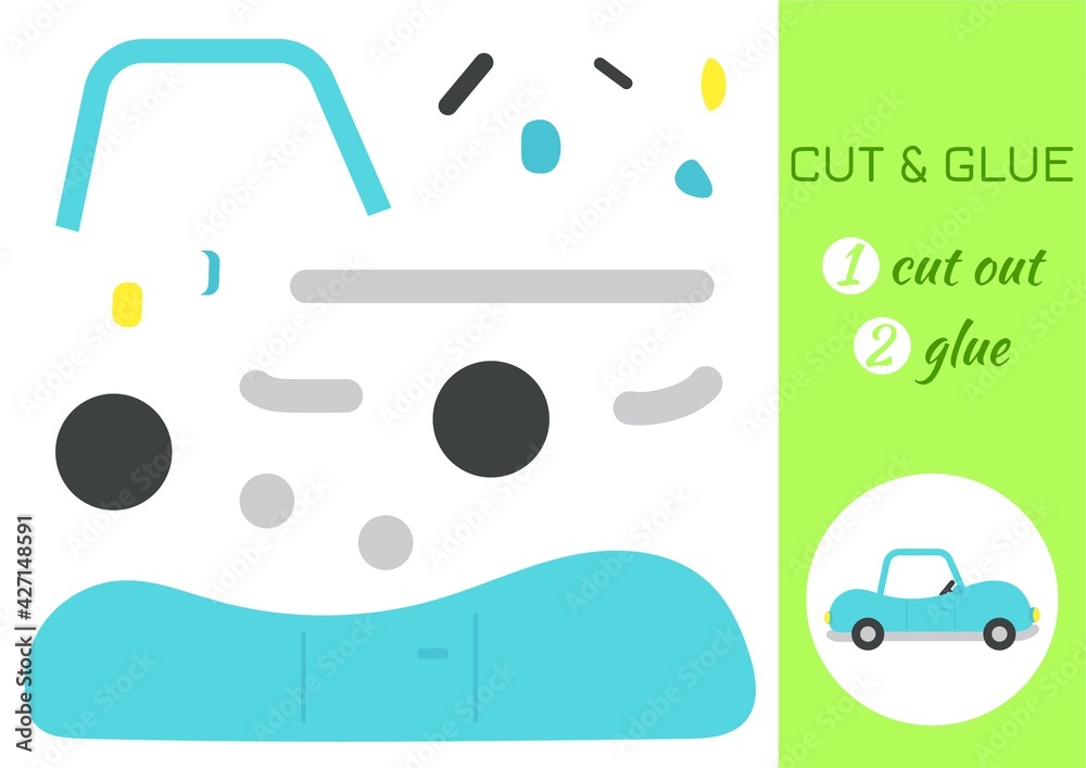 Cut and glue paper cartoon turquoise car. Cut and paste craft activity ...