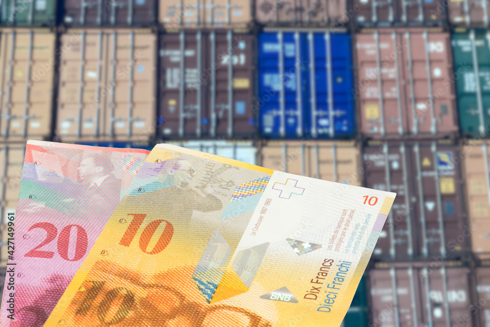 Container im Hafen und Schweizer Franken Geld Stock Photo | Adobe Stock