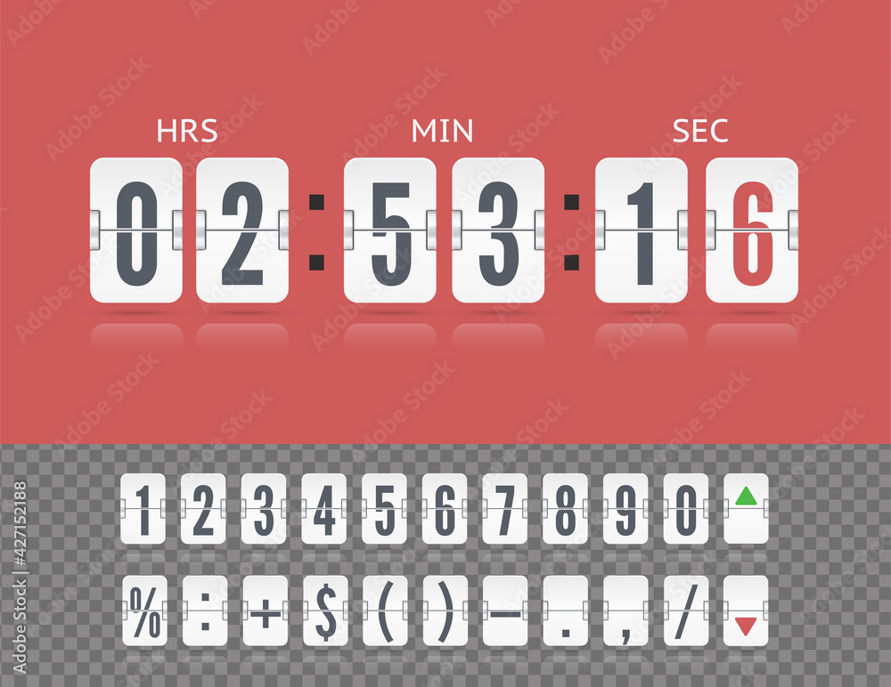 Vintage flip clock time counter vector template. Scoreboard number and symbol font with ...