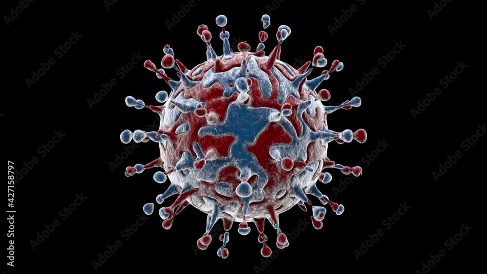 Abstract 3d animation of a blue-red virus with a complex wavy, wave ...