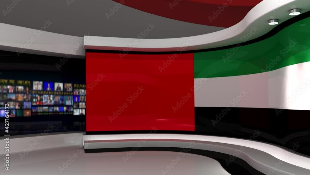 TV studio. Dubai flag studio. Dubai flag background. News studio. The ...