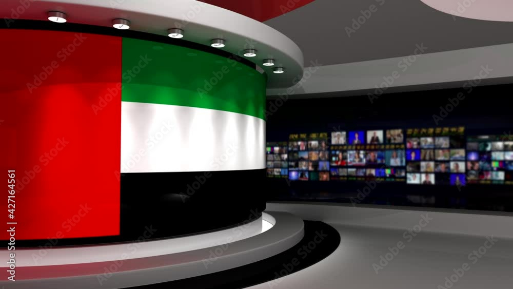 TV studio. Dubai flag studio. Dubai flag background. News studio. The ...