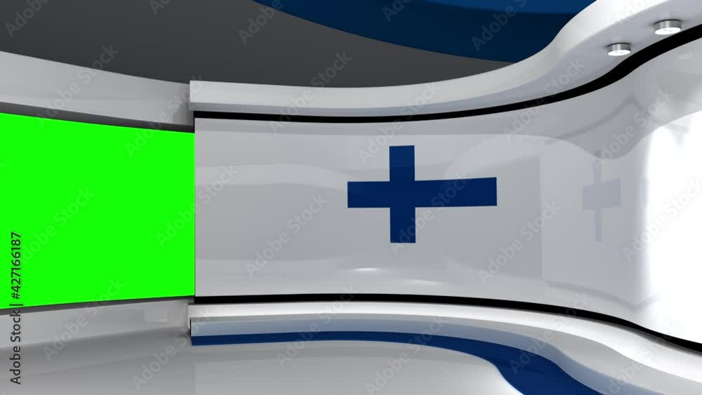 TV studio. Finland. Finnish flag background. News studio. Loop ...