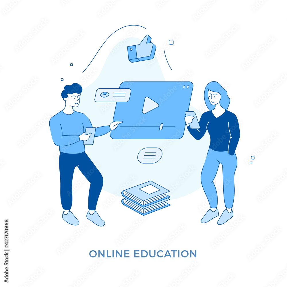 Linear flat Online education concept. Male and female cartoon ...