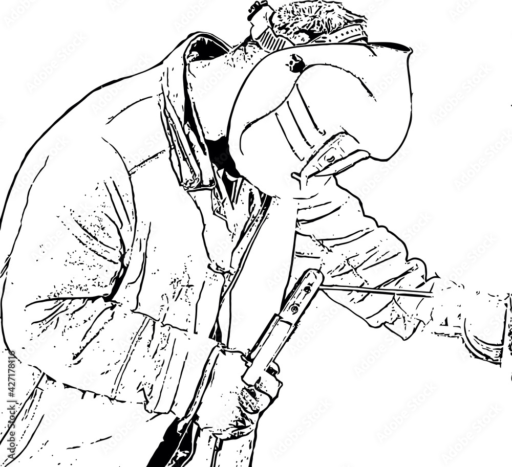 Black and white drawing of a welder at work Stock Vector | Adobe Stock