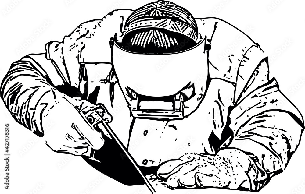 Black and white drawing of a welder at work Stock Vector | Adobe Stock