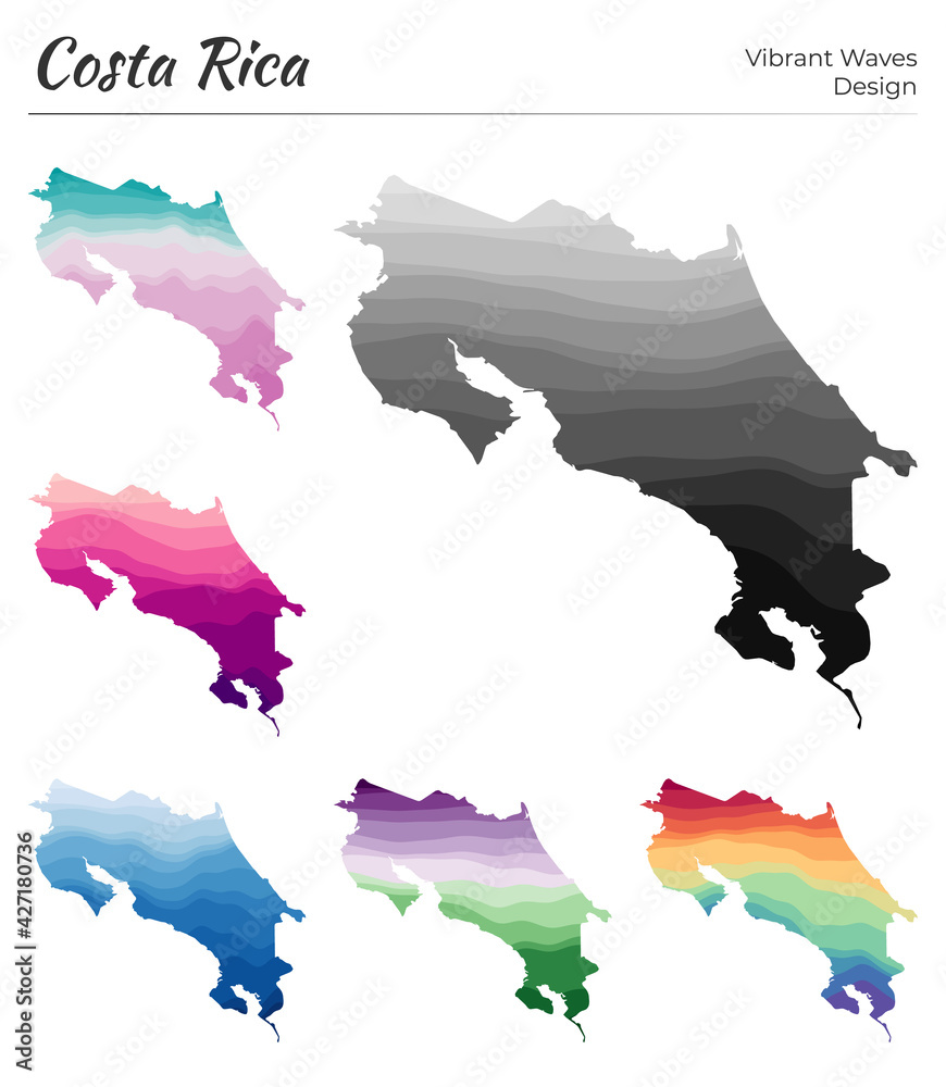 Set of vector maps of Costa Rica. Vibrant waves design. Bright map of ...