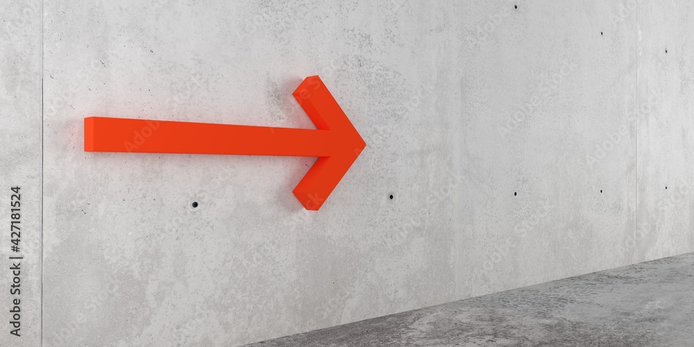 Orange red arrow on concrete wall pointing to the right, direction ...