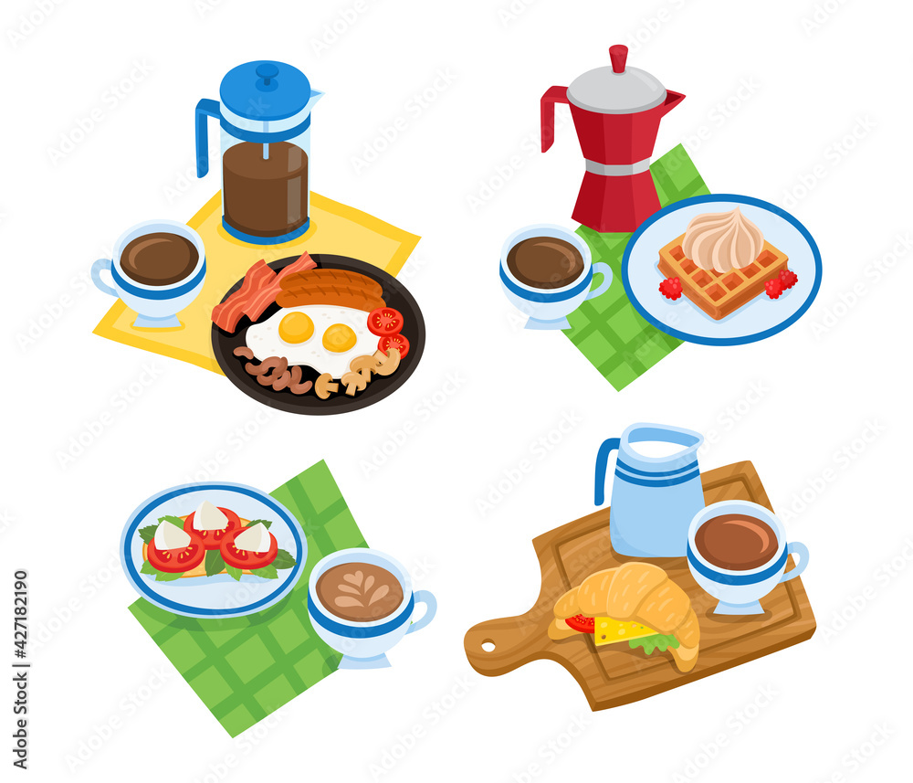 Cartoon set with different types of breakfast isolated on white Stock ...