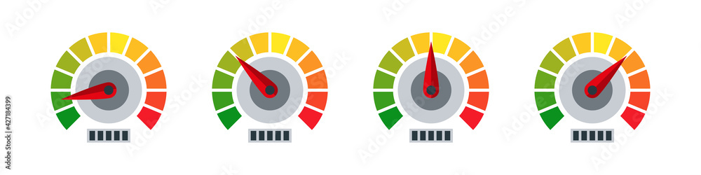 Gauge icons. Risk level gauge. Level indicator. Performance measurement ...