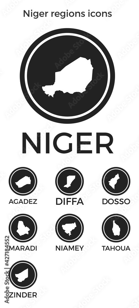 Niger regions icons. Black round logos with country regions maps and ...