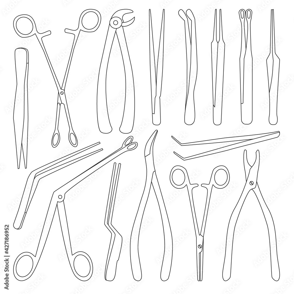 Medical forceps isolated outline set icon. Vector illustration surgical ...