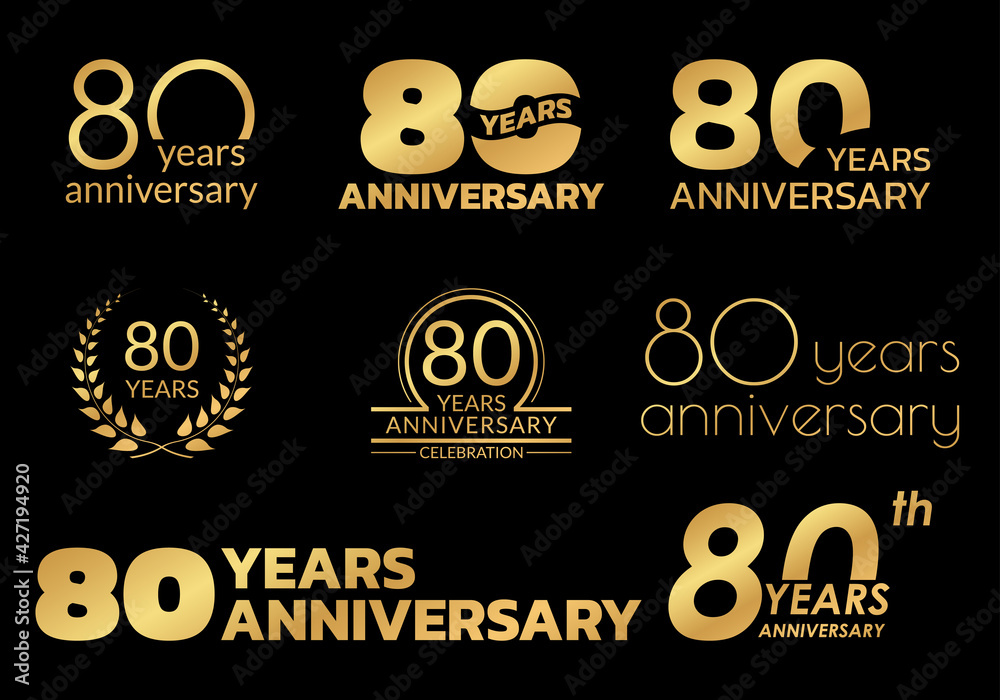 80 years anniversary icon or logo set. 80th birthday celebration golden ...