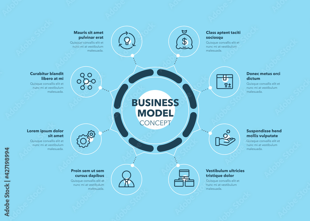 Vetor de Simple concept for business model diagram with eight steps and ...