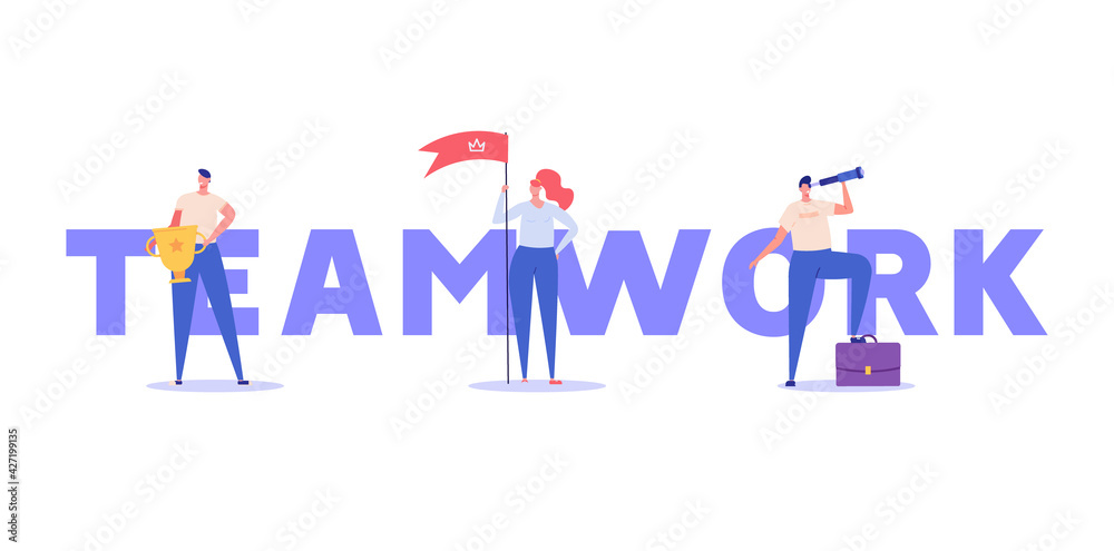 Best team of people illustration. Characters with reward cup, flag and ...