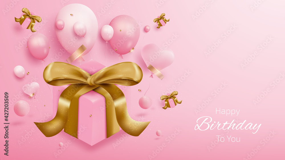 Birthday card background with gift box, balloons and gold ribbon. 3d ...