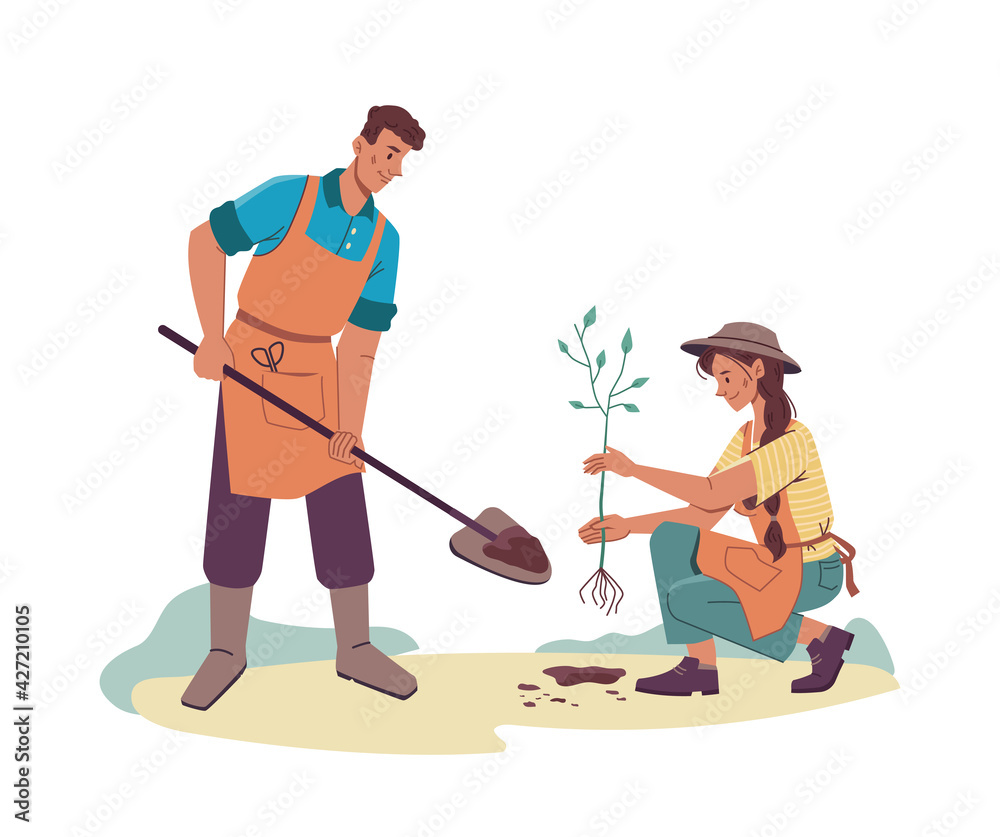 Cartoon people planting tree isolated man and woman farmers in aprons ...