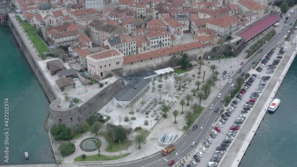 Aerial shooting of an ancient balkan town Kotor, traditional balkan old ...