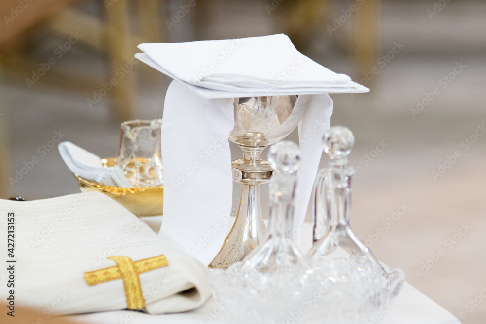 Liturgical objects, sacred vessels: glass altar cruet and liturgical ...