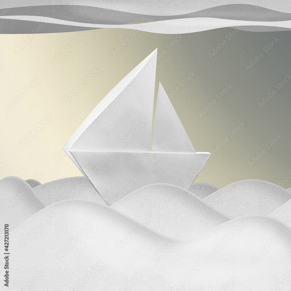 Abstract illustration of white ship with sails in storm ocean ...