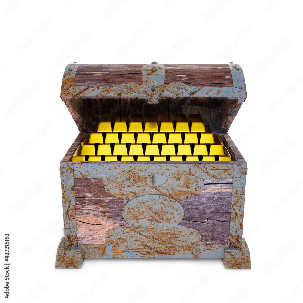 Gold bar in Old broken vintage pirate treasure chest. Rotten and broken ...