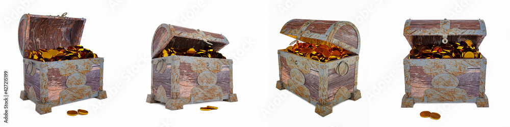 Set of Golden coins in Old broken vintage pirate treasure chest. Rotten ...