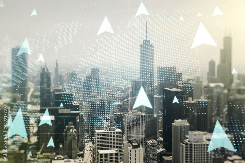 Abstract virtual geolocations map sketch on Chicago office buildings ...