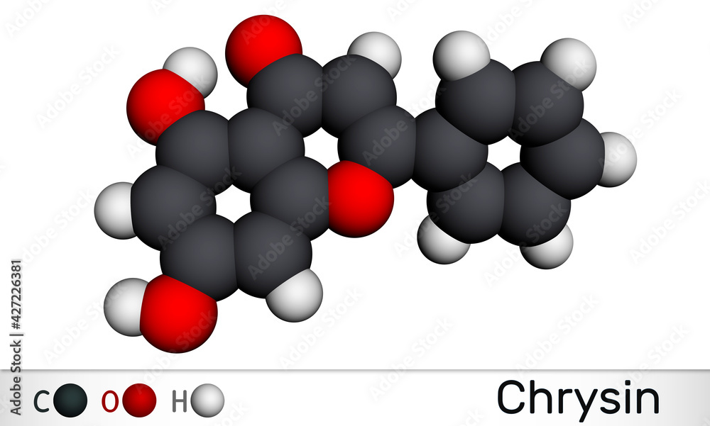 Chrysin, Chrysine molecule. It is flavone, dihydroxyflavone, is found ...
