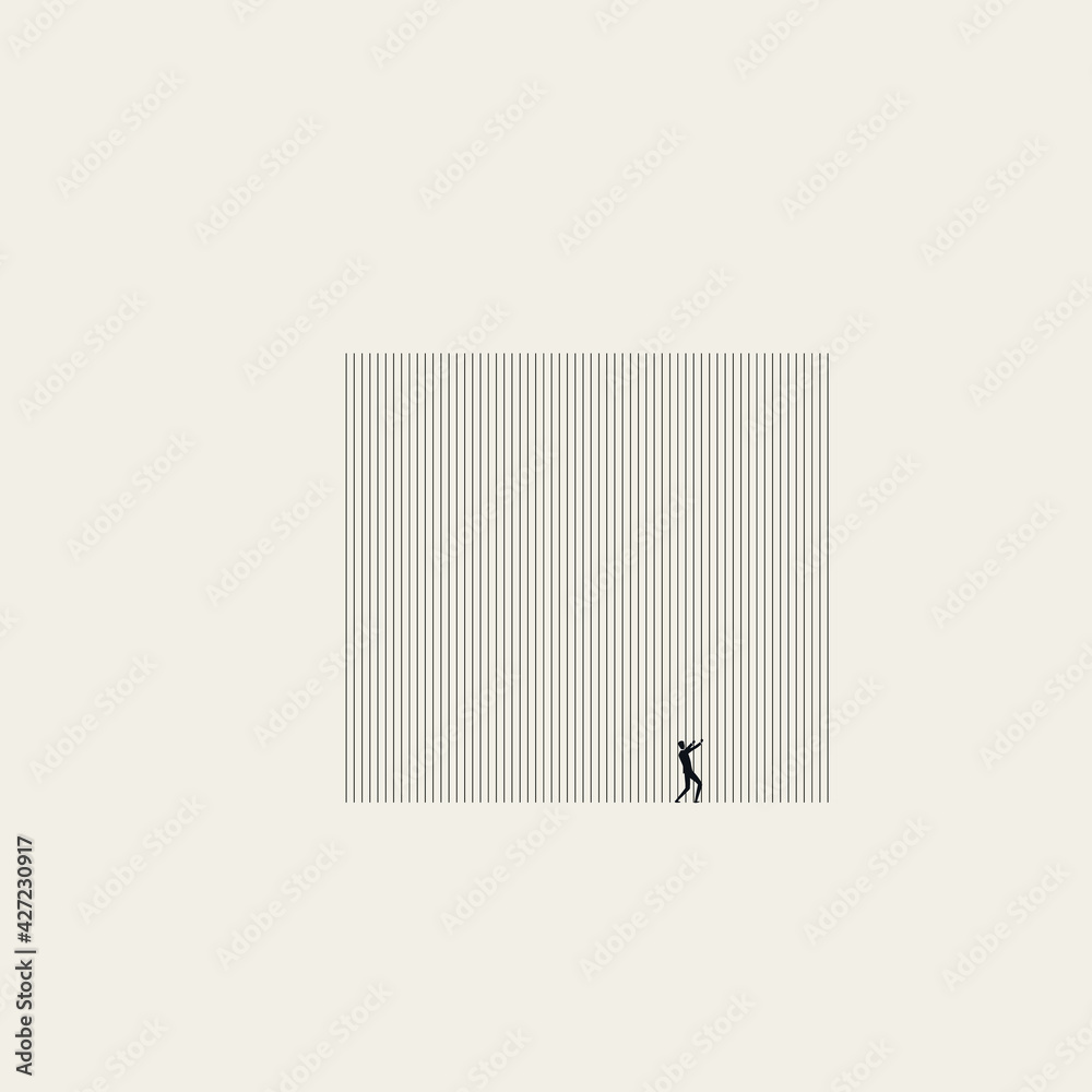 Oppression, prison and obstacle vector concept. Man behind bars. Symbol ...