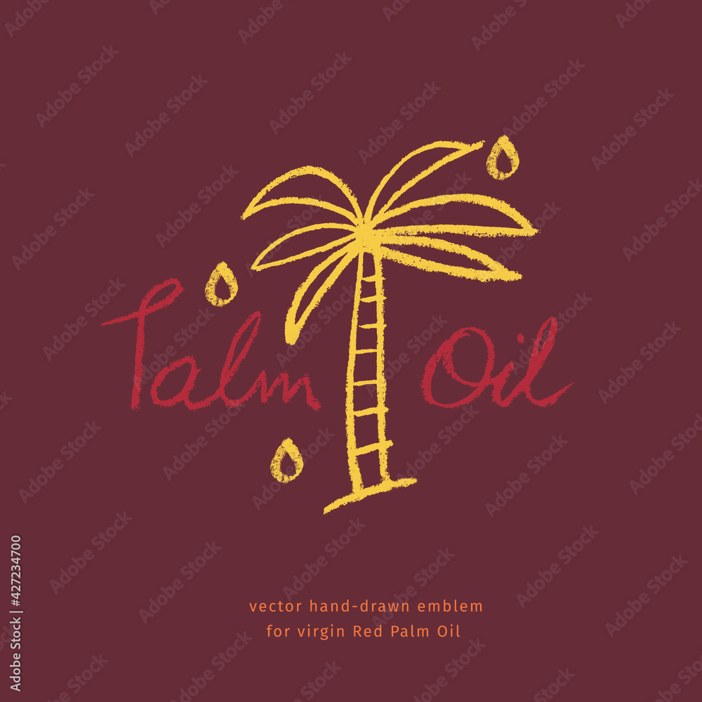 Hand-drawn Palm tree illustration for Virgin Red Palm Oil and label ...