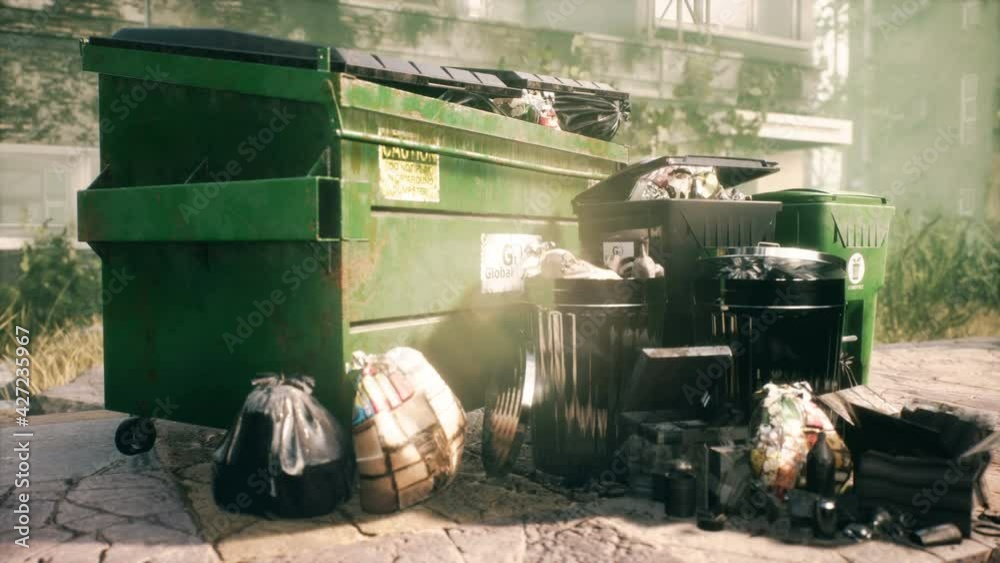 A pile of rubbish lies on the street of an abandoned city. Plastic ...