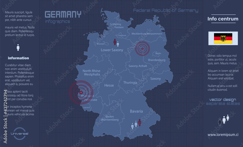 Germany map, separate regions with names, infographics blue flat design ...