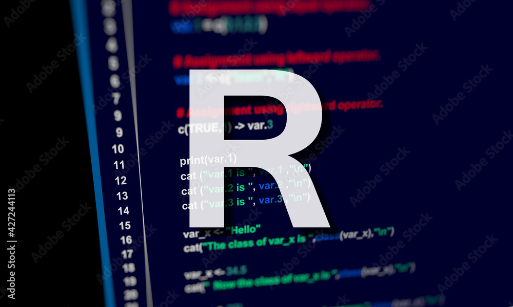 R code on dark background in code editor and Letter R . R programing ...