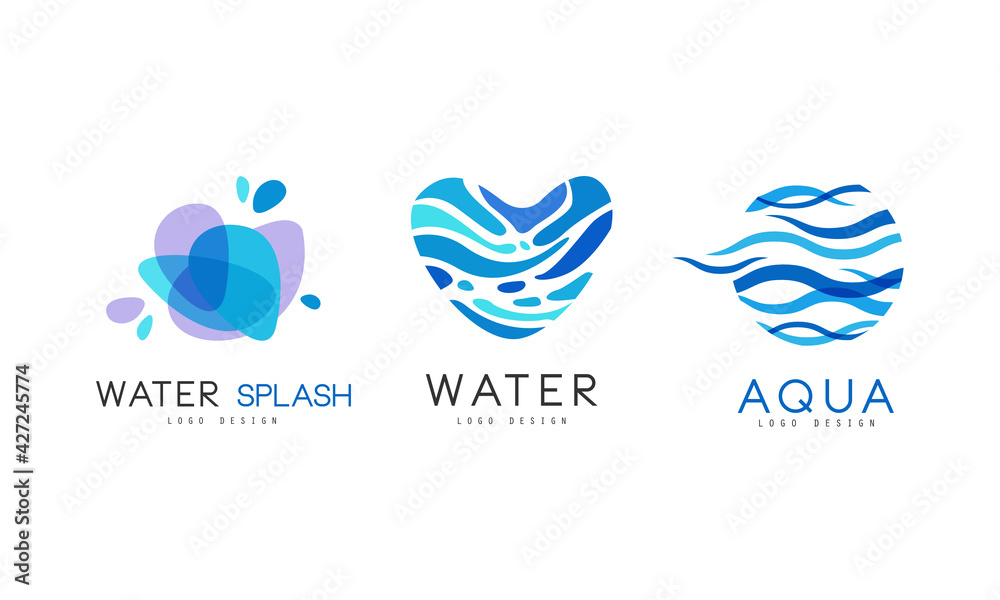 Water Splash Logo Design Set, Natural Aqua Blue Badges, Labels Vector ...