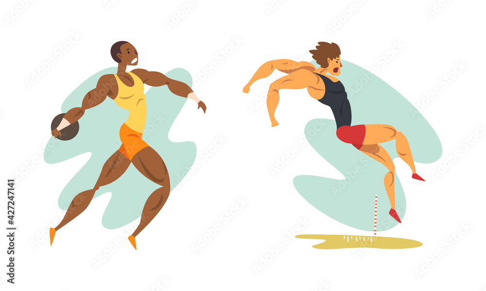 Track and Field Athletes in Action Set, Long Jump, Disc Throw Cartoon ...