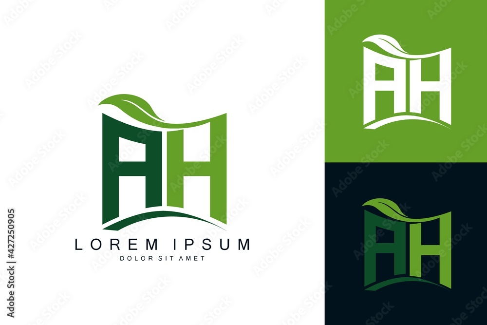 AH logo monogram with green leaf nature organic bio curved shape ...