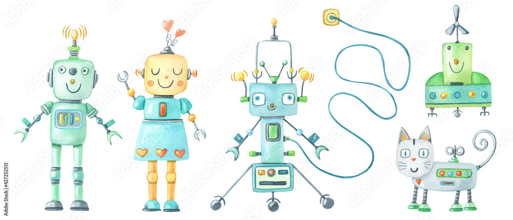 Watercolor robots set.Watercolour cat boy,girl with heart on white ...