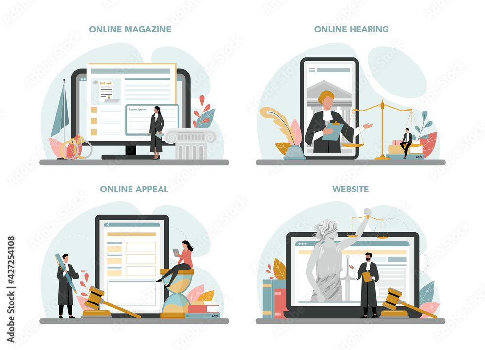 Judge online service or platform set. Court worker stand for justice ...