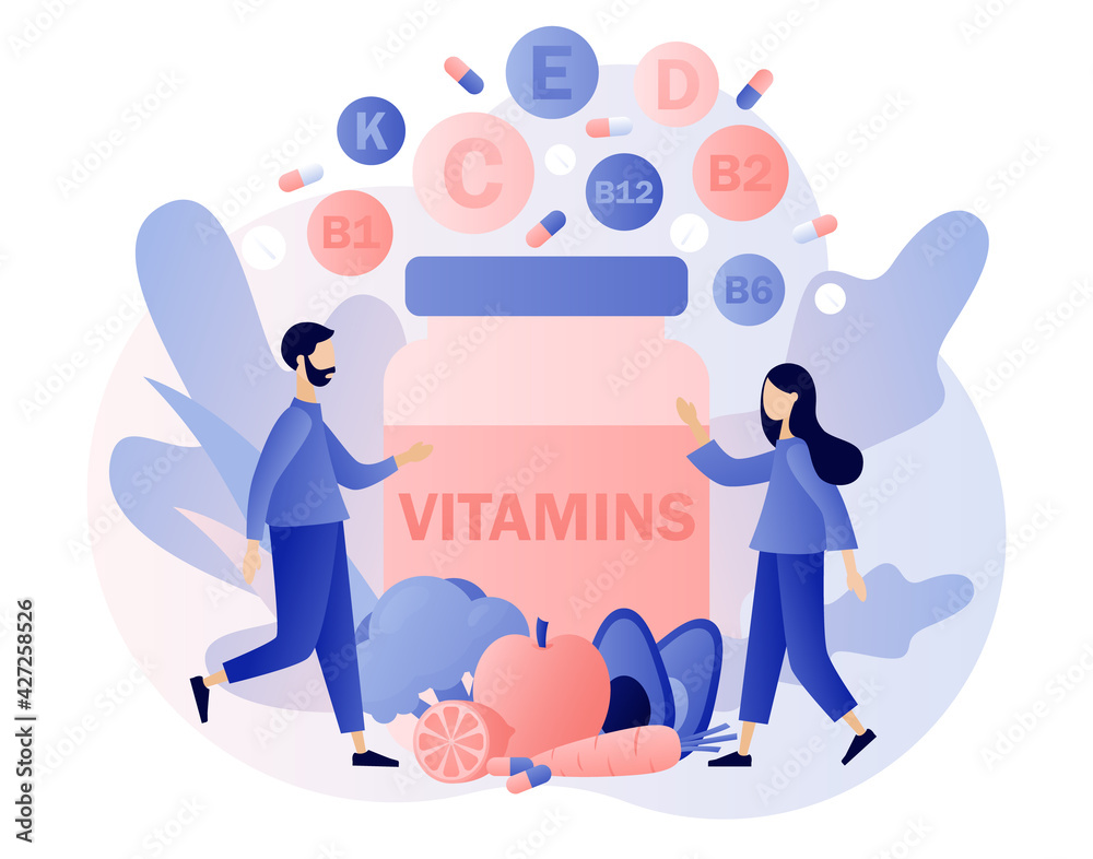 Vitamins complex. Tiny people and jar multi vitamin supplement, vitamin ...